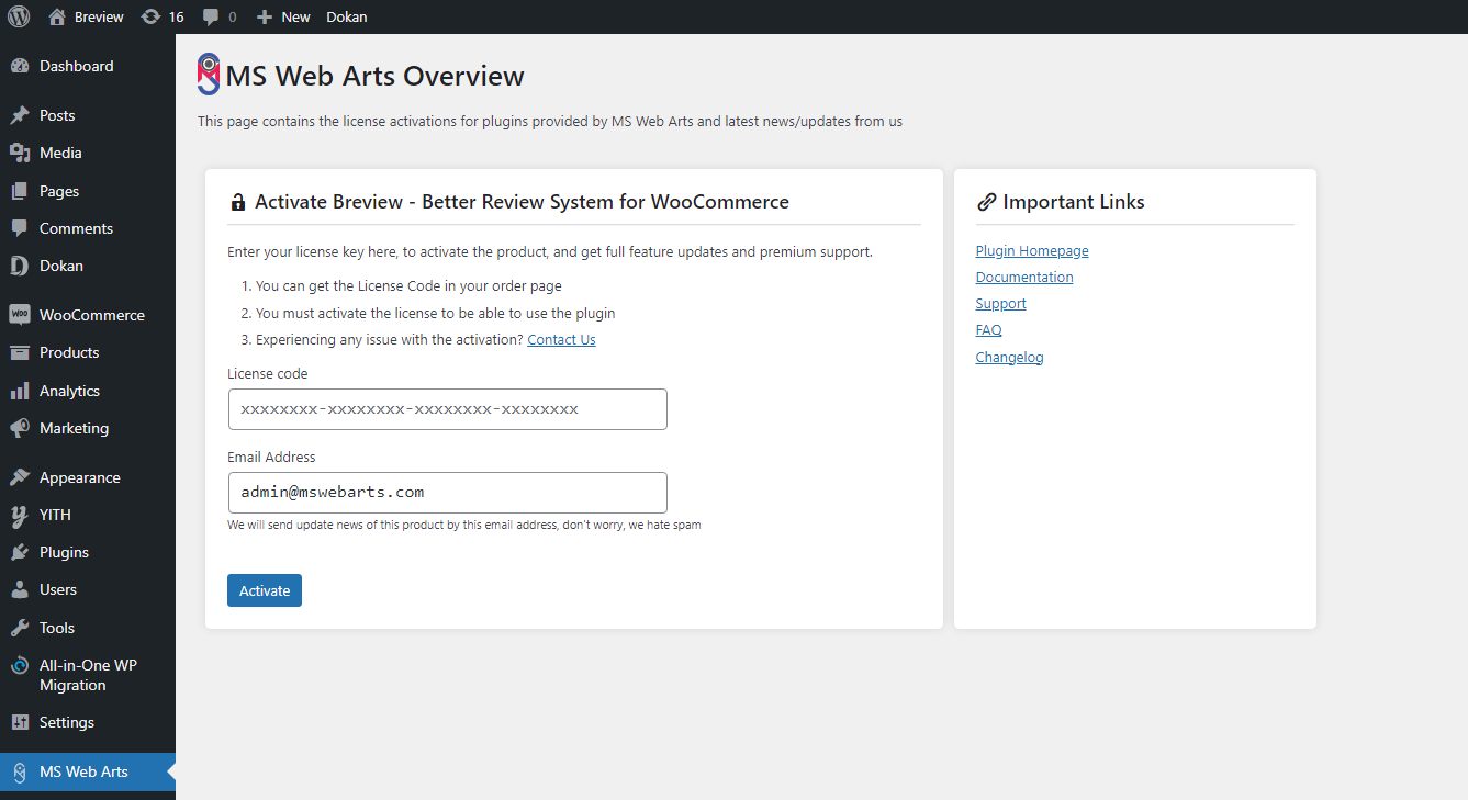 Activating License Key - MS Web Arts